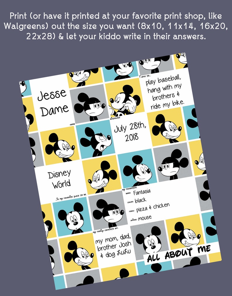 ALL ABOUT ME Mickey Themed -printable in 8x10, 11x14, 16x20, 22x28 ...