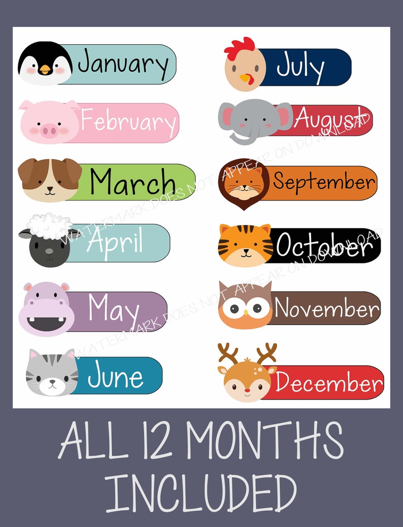 MONTHLY ANIMAL CALENDAR Set: Months Year Week Days Reusable - Etsy