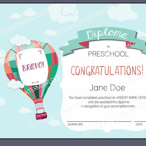 EDITABLE GRADUATION DIPLOMA Certificate; Daycare, Preschool ...