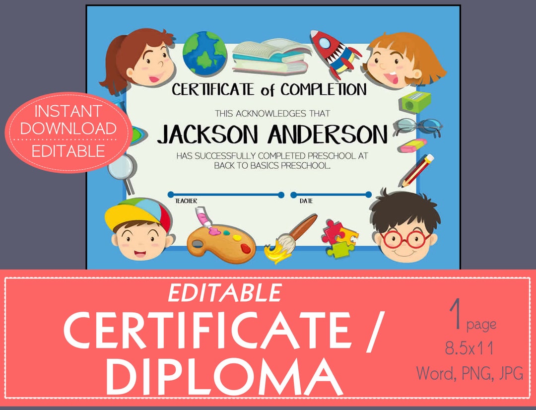 Editable CERTIFICATE/ DIPLOMA for Preschool /kindergarten/daycare ...