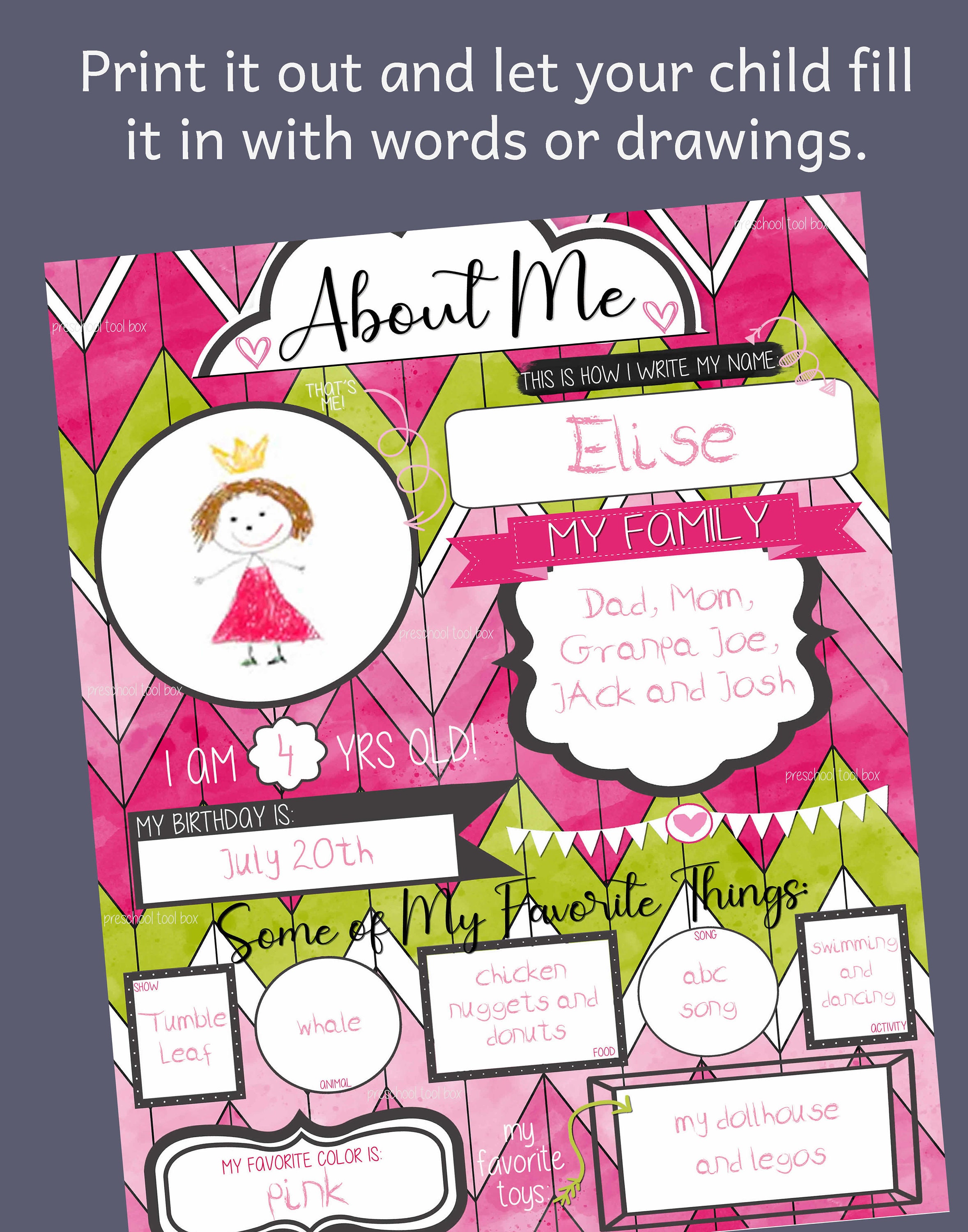 ALL ABOUT ME Modern Pink & Green Poster 8x10, 11x14, 16x20, 22x28 ...