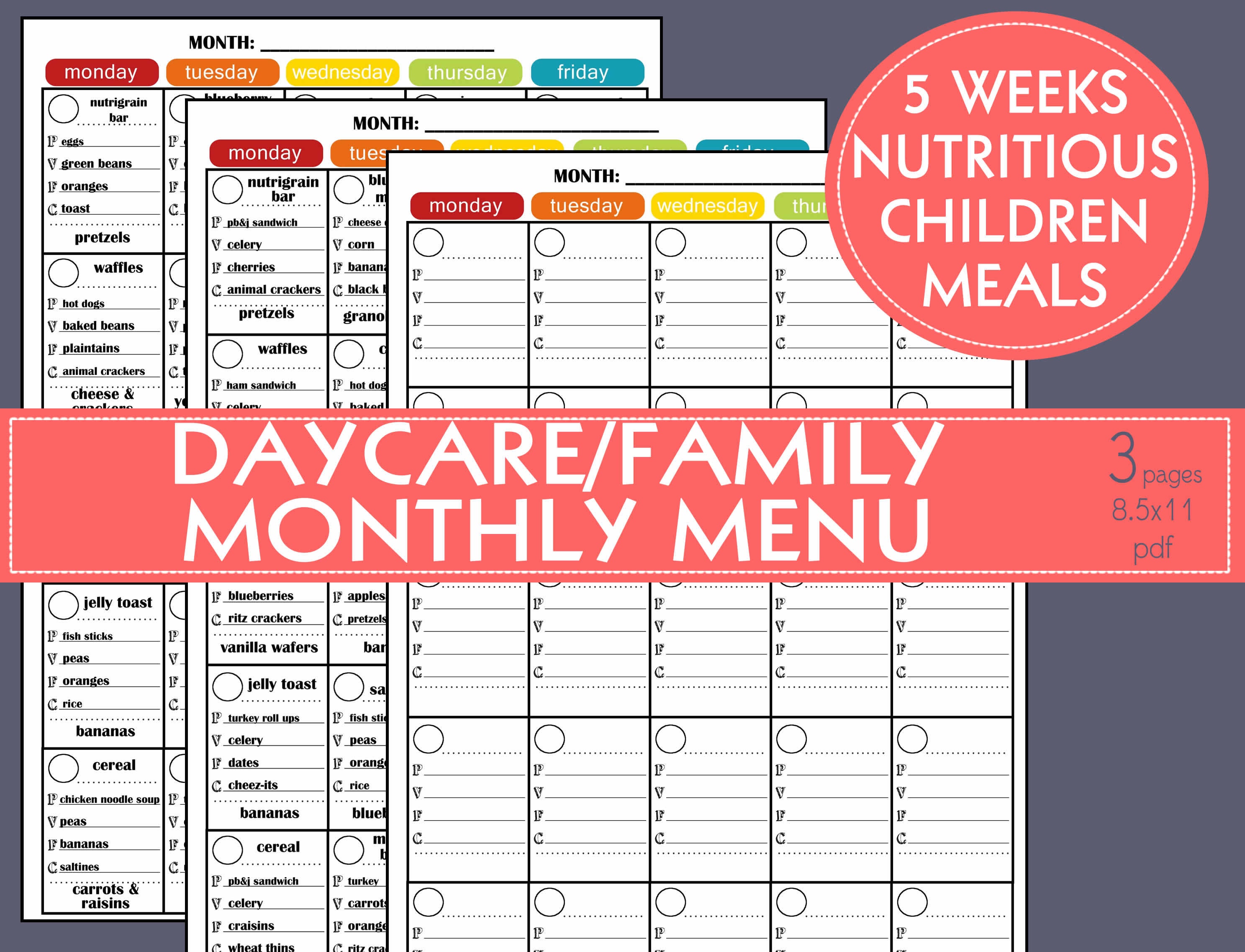 Printable Monthly Preschool Menu