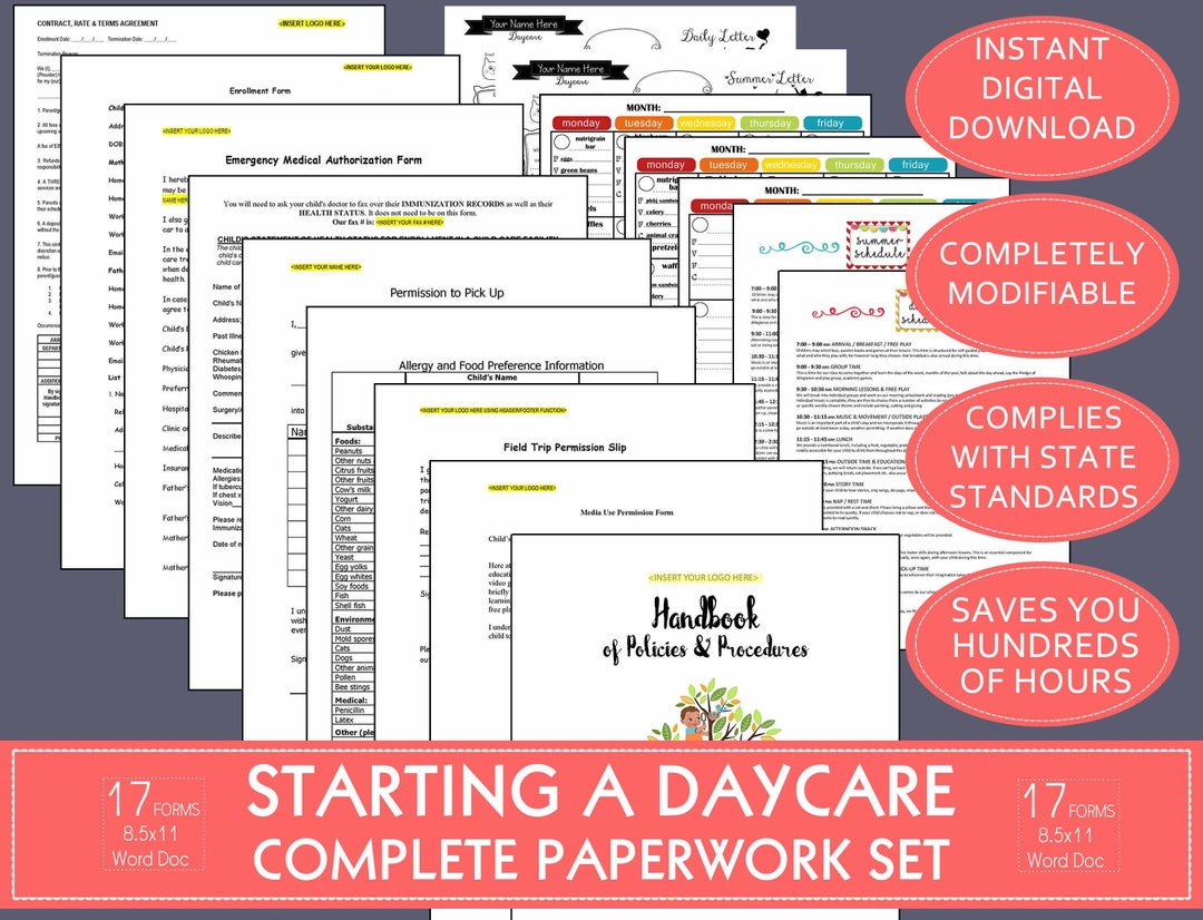 Daycare Forms Bundle: Editable Parent Handbook, Menus, Schedules ...