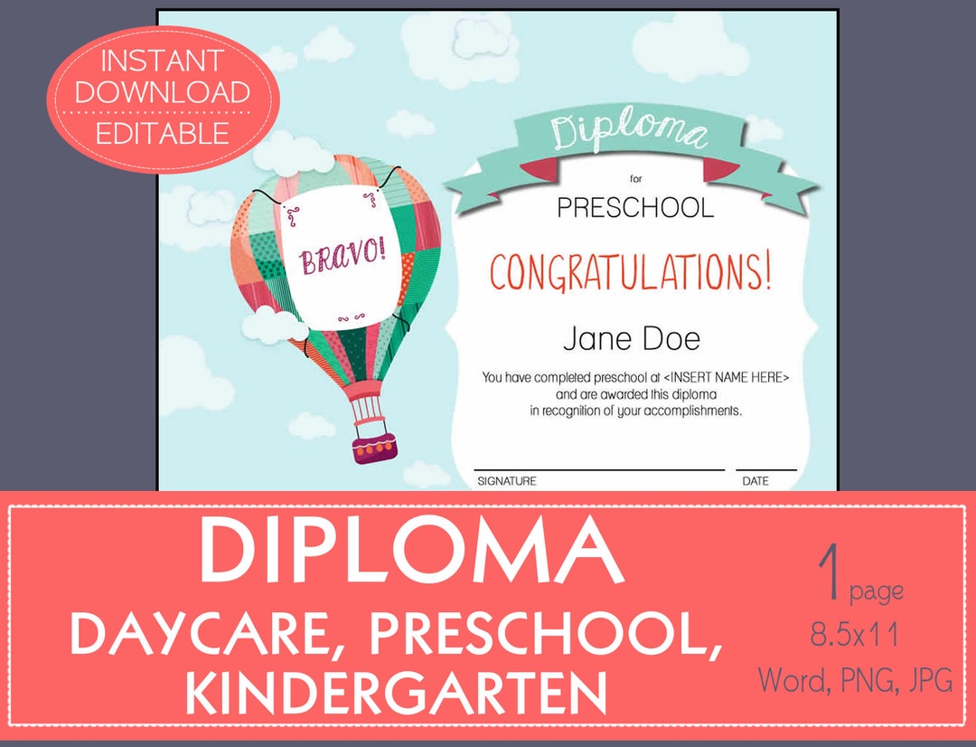 EDITABLE GRADUATION DIPLOMA Certificate; Daycare, Preschool ...