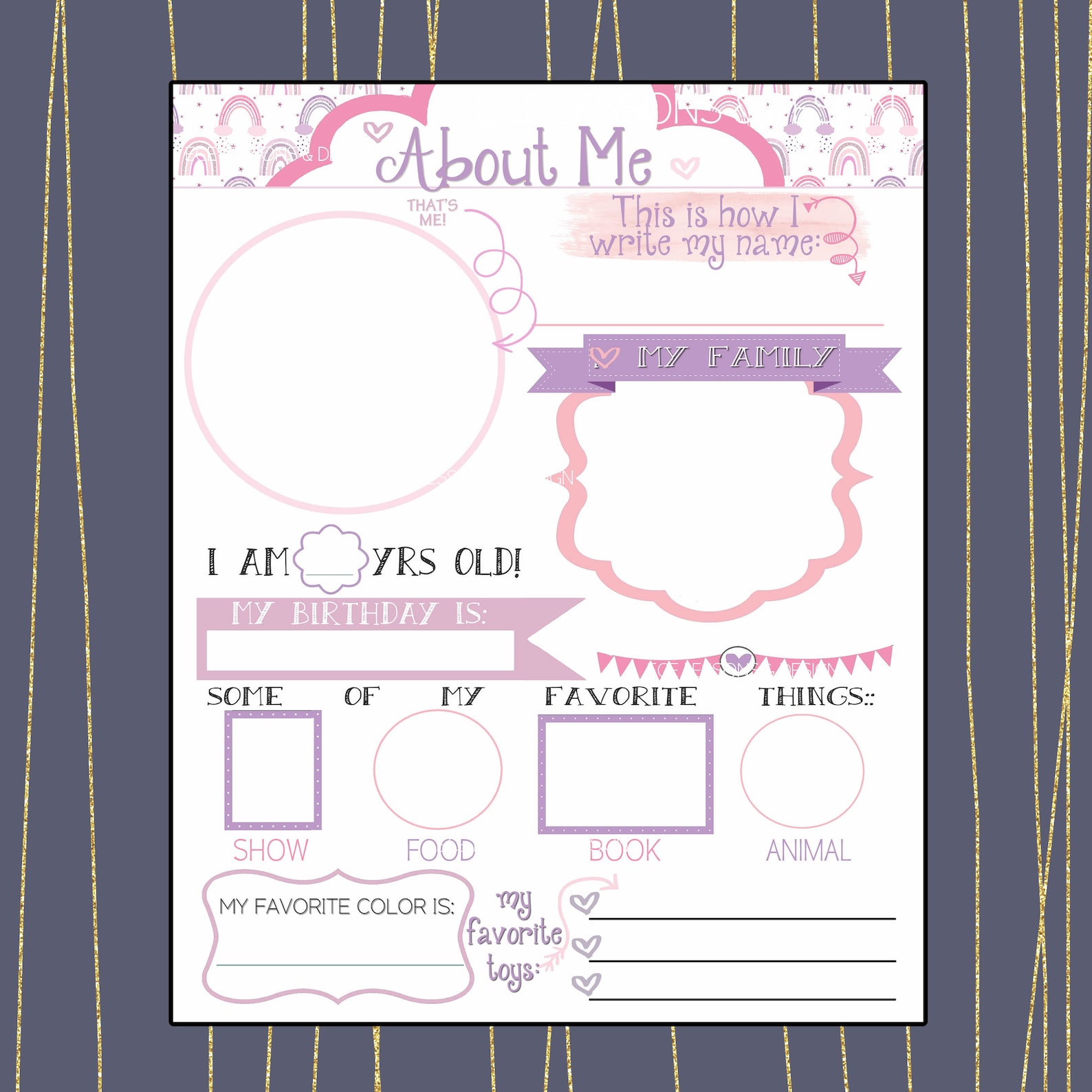 All About Me Poster: Rainbow Pink & Purple Fill-in Keepsake (digital ...