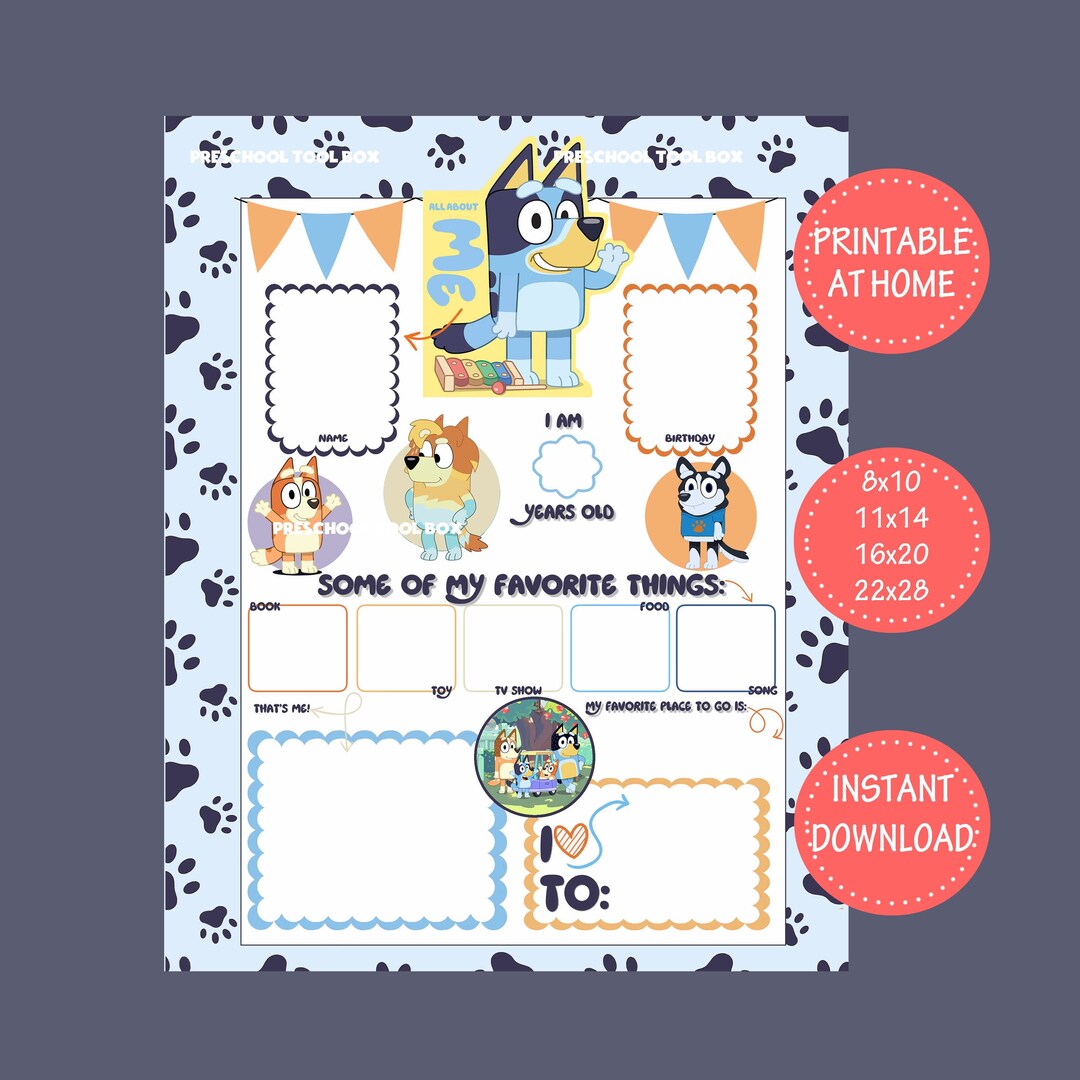 All About Me Blue Dog Themed - Printable in 8x10, 11x14, 16x20, 22x28 ...