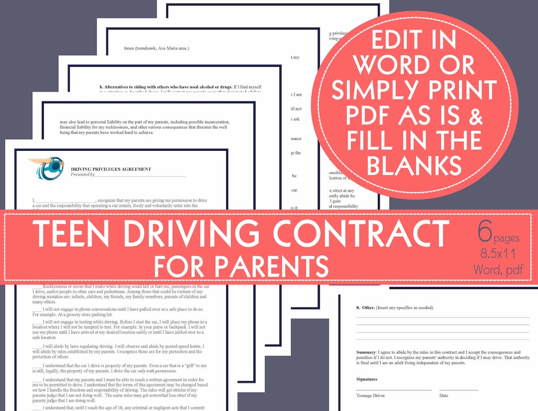 TEEN DRIVING CONTRACT for Your New Driver - Parenting Forms - Editable ...