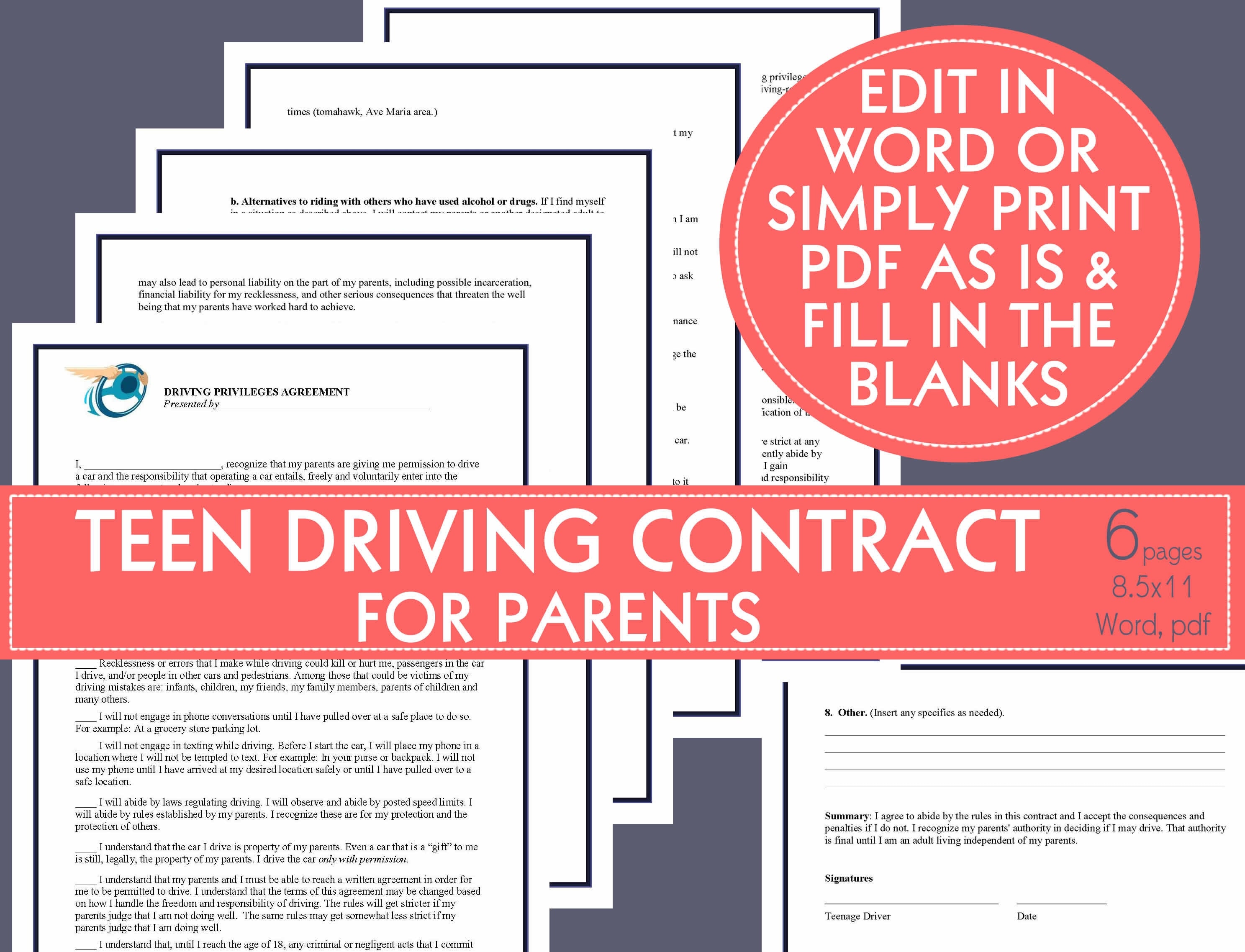 TEEN DRIVING CONTRACT for Your New Driver Parenting Forms - Etsy