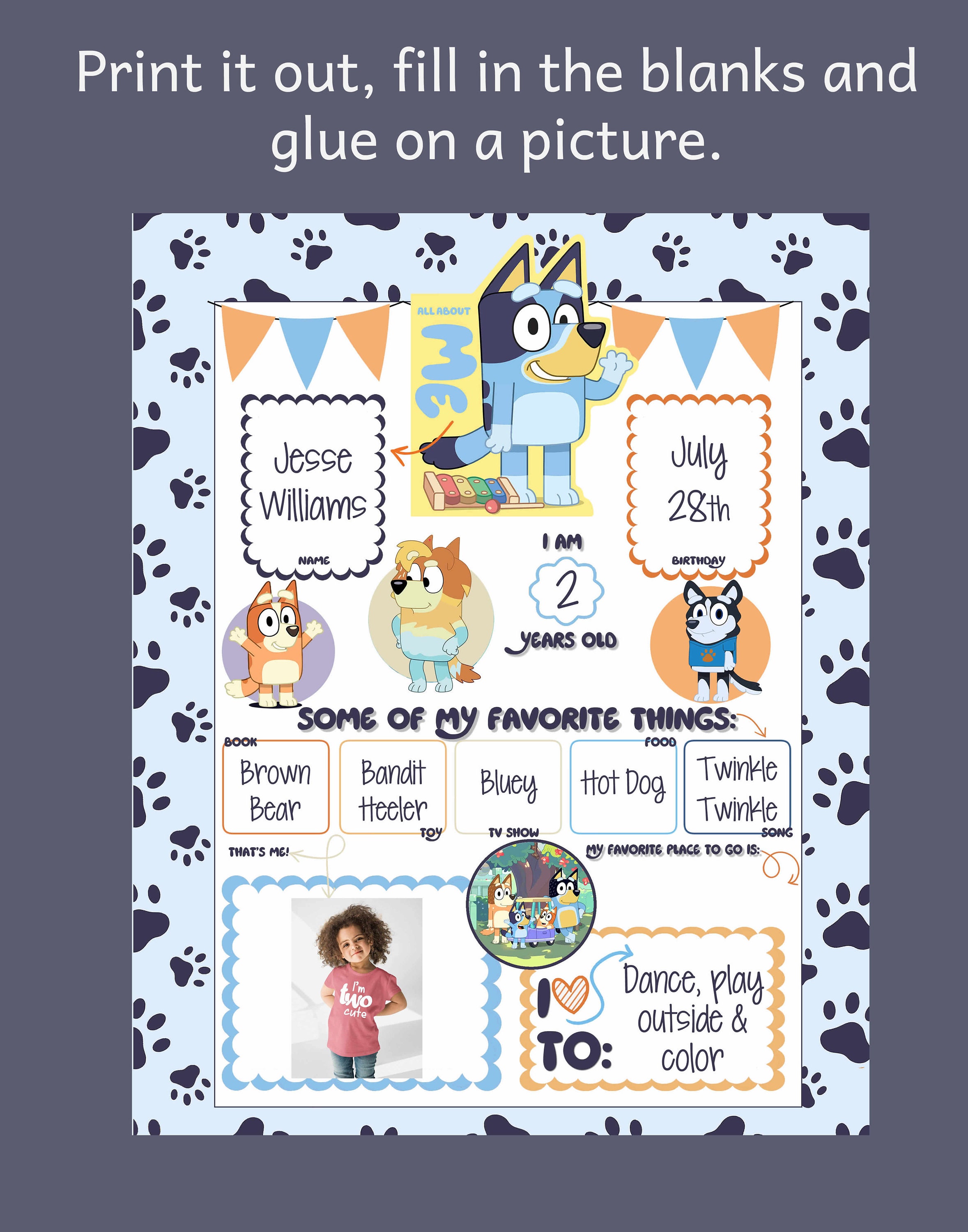 All About Me Blue Dog Themed - Printable in 8x10, 11x14, 16x20, 22x28 ...
