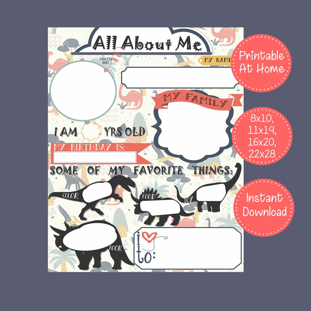 Dinosaur All About Me Poster: Printable Birthday Keepsake (digital ...