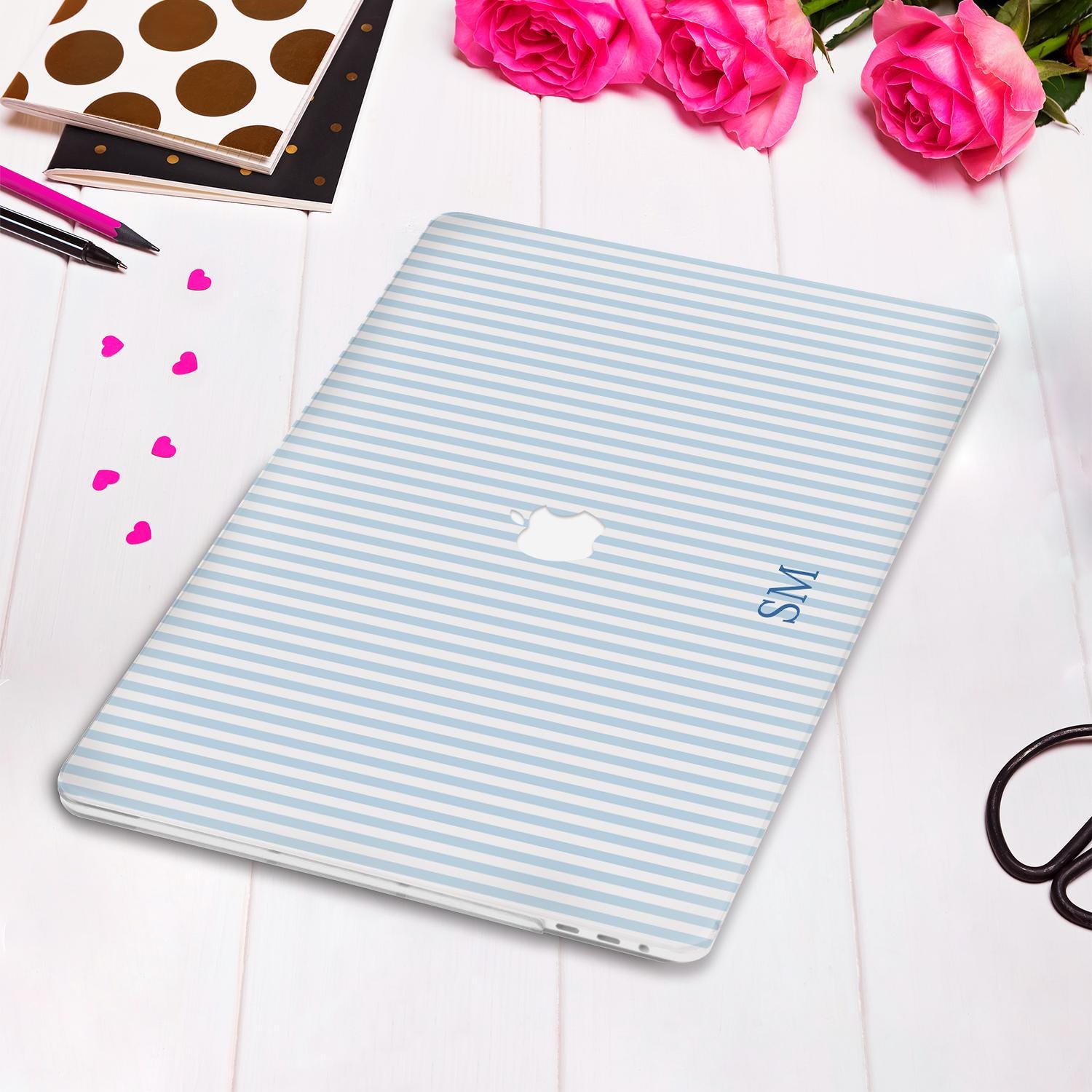 Initials MacBook Case Blue Stripes MacBook Pro 13 Air 13 Air 15 Inch M2 ...