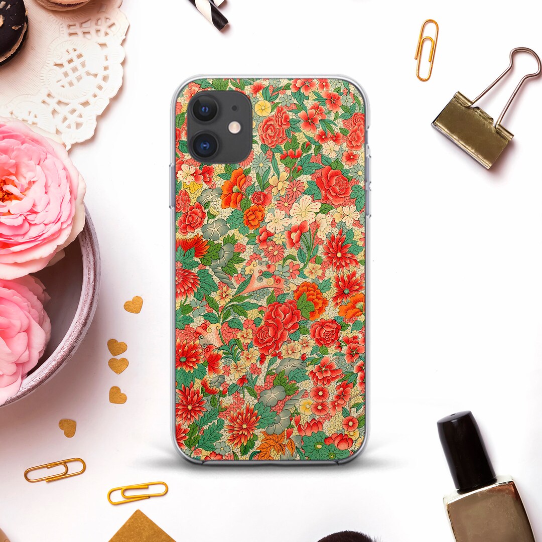 Retro iPhone Case for iPhone 15 Pro Red Flowers iPhone 14 iPhone 13 ...