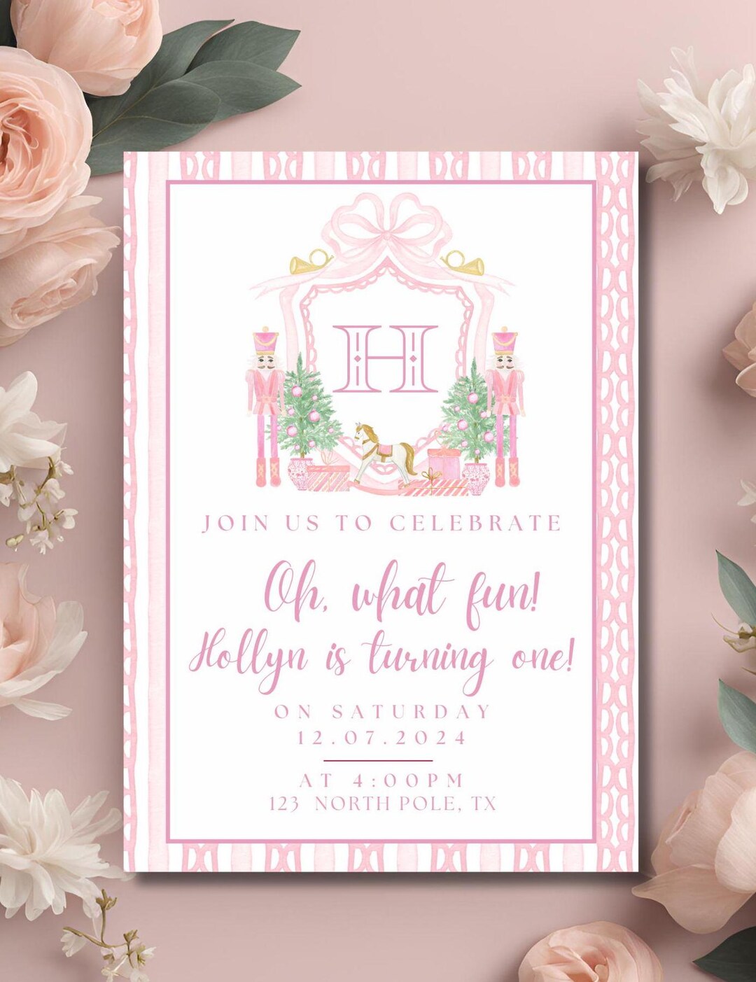 Pink Christmas Nutcracker Birthday Invitation, Editable Digital ...