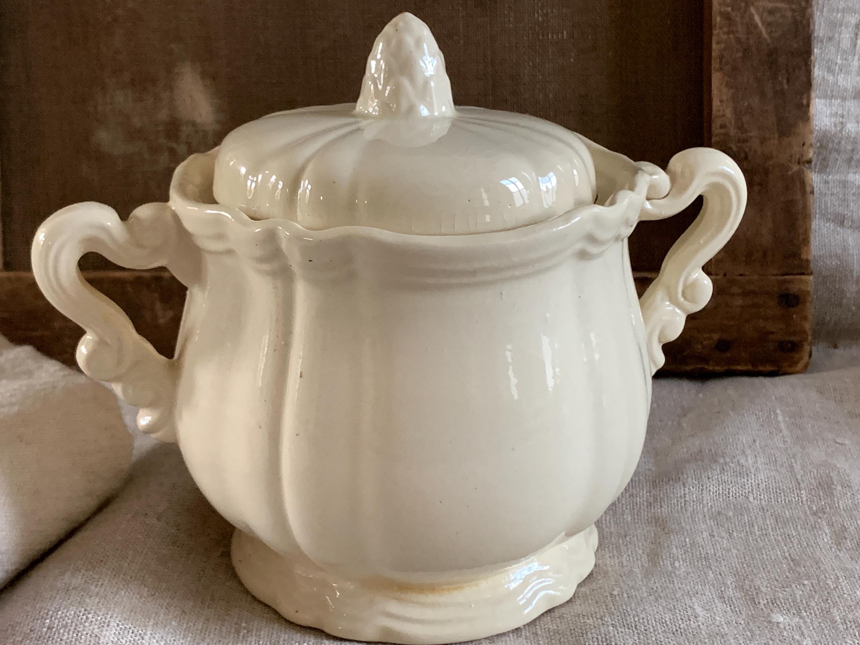 Antique French Creamware Ironstone Bowl With Lid Sarreguemines Sugar ...