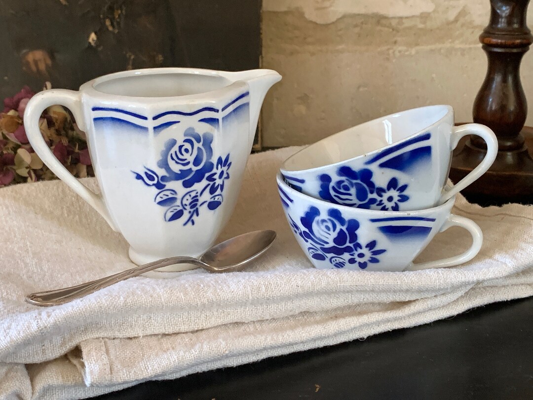 French Art Deco Coffee Set French Vintage White & Blue Cups and Creamer - Etsy