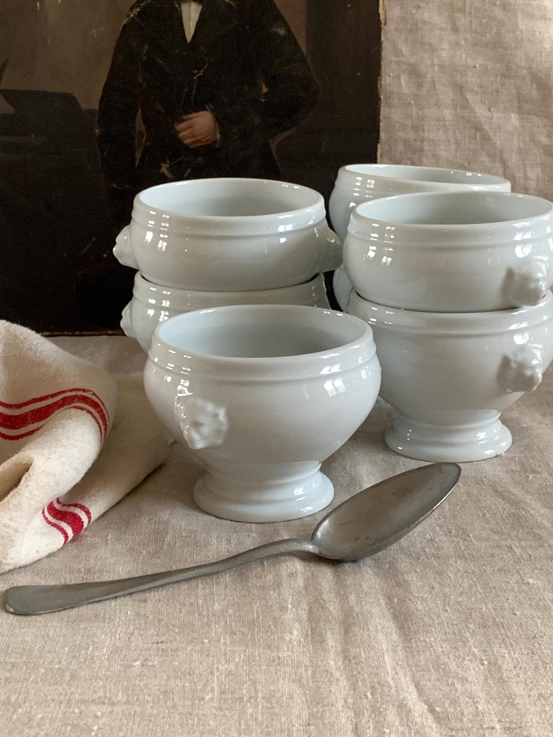 2 Vintage French Apilco Lion Head Soup Bowls White Ironstone Bowls ...