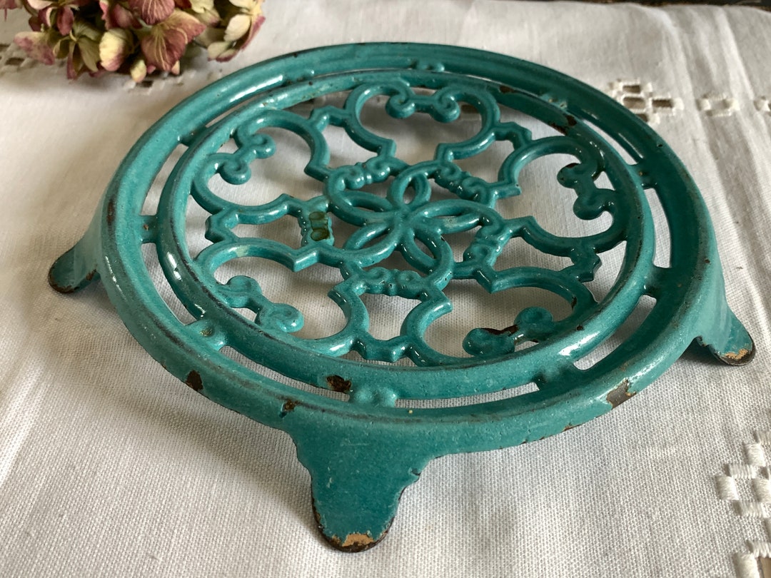 Vintage Cast Iron Blue Green Trivet Enamel Round Trivet French Antique ...