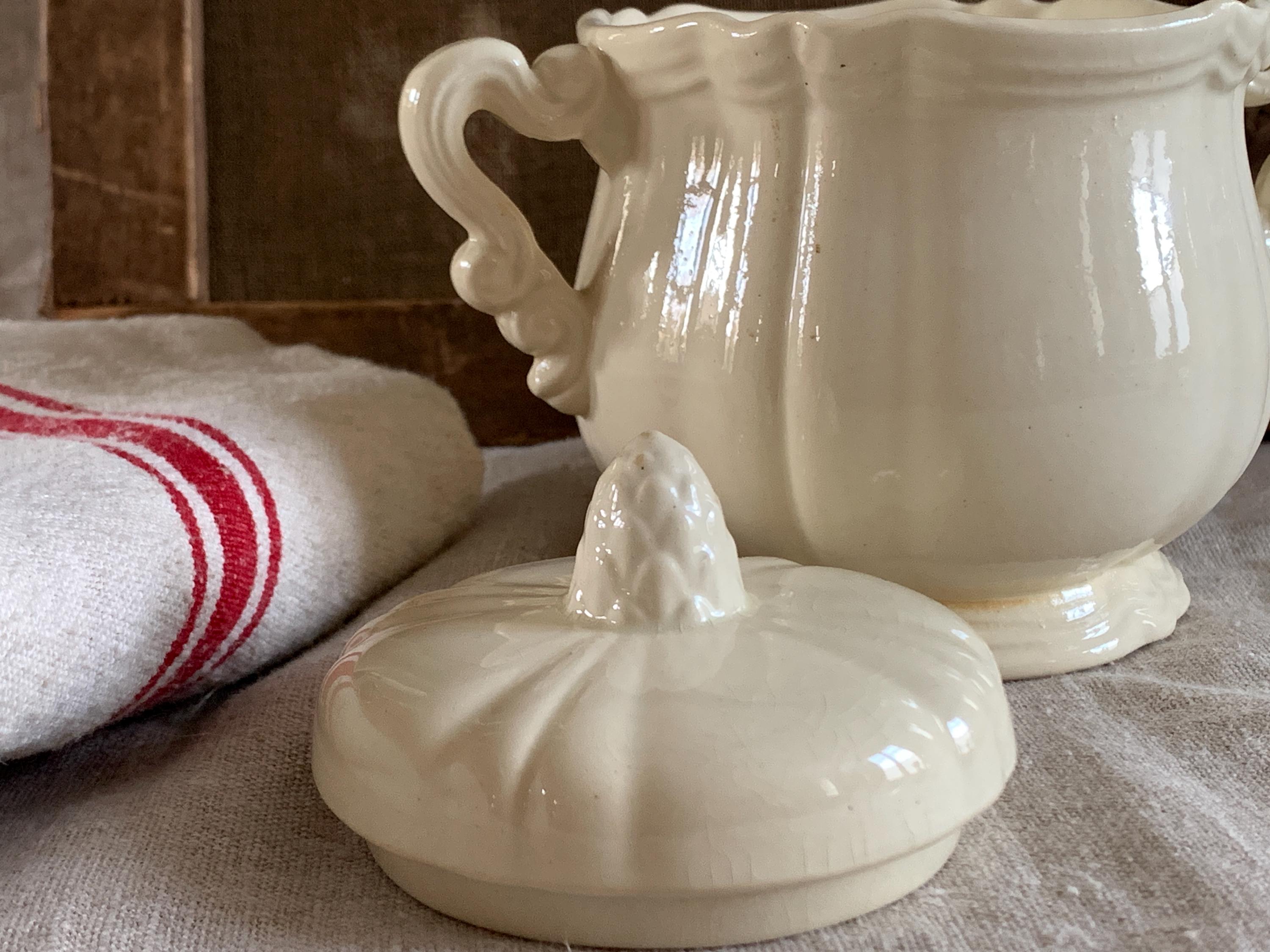 Antique French Creamware Ironstone Bowl With Lid Sarreguemines Sugar ...