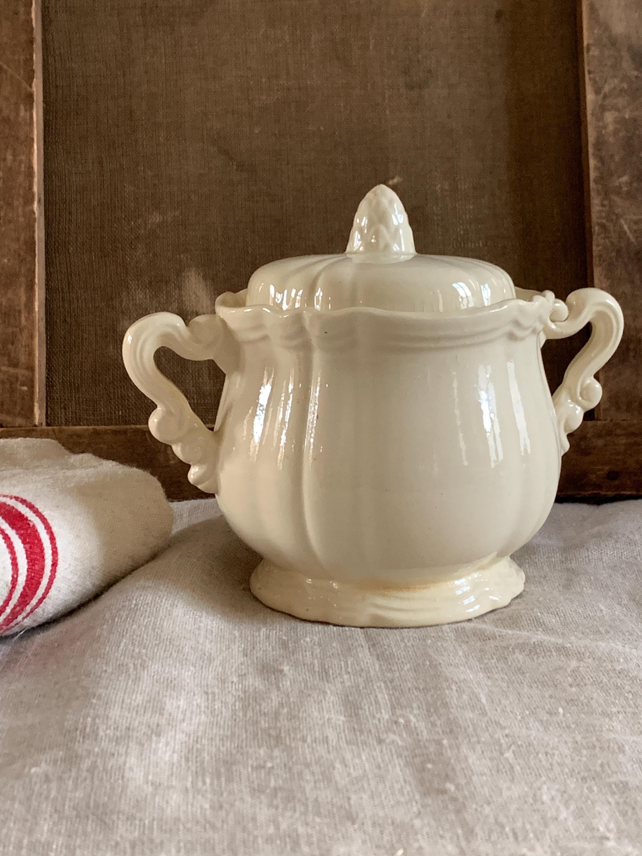 Antique French Creamware Ironstone Bowl With Lid Sarreguemines Sugar ...