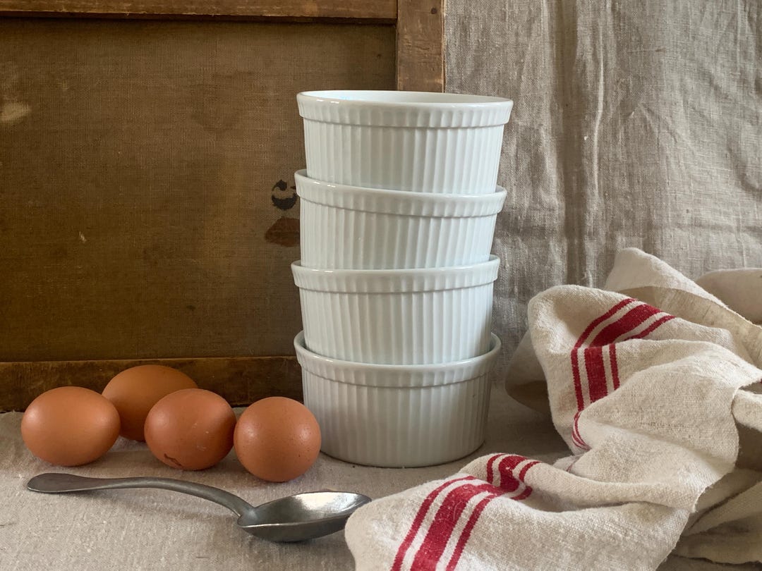 4 Vintage French Large White Souffle Dishes Individual Souffle Molds ...