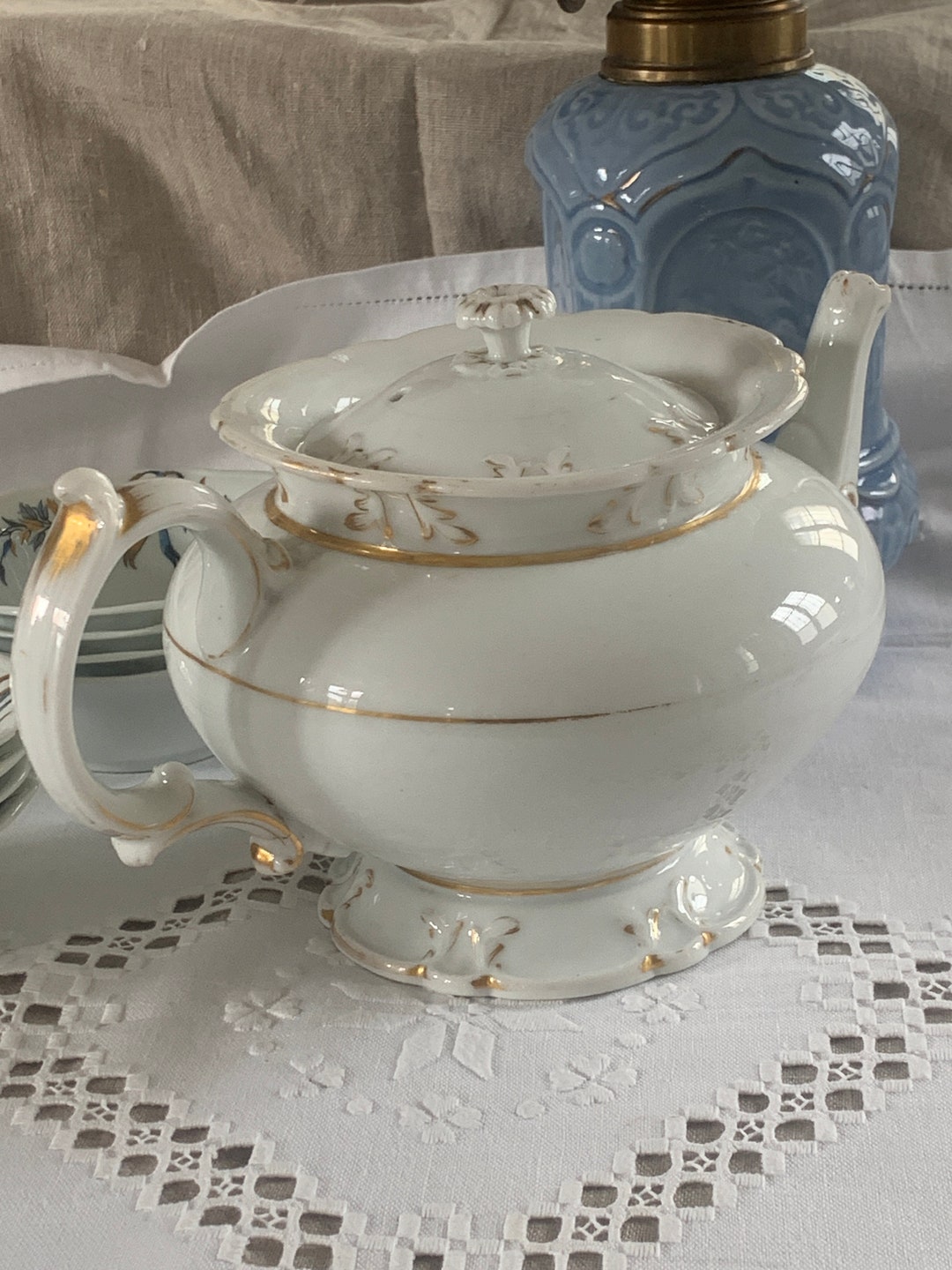 Large French Antique 19th Napoleon III Teapot Vieux Paris White and ...