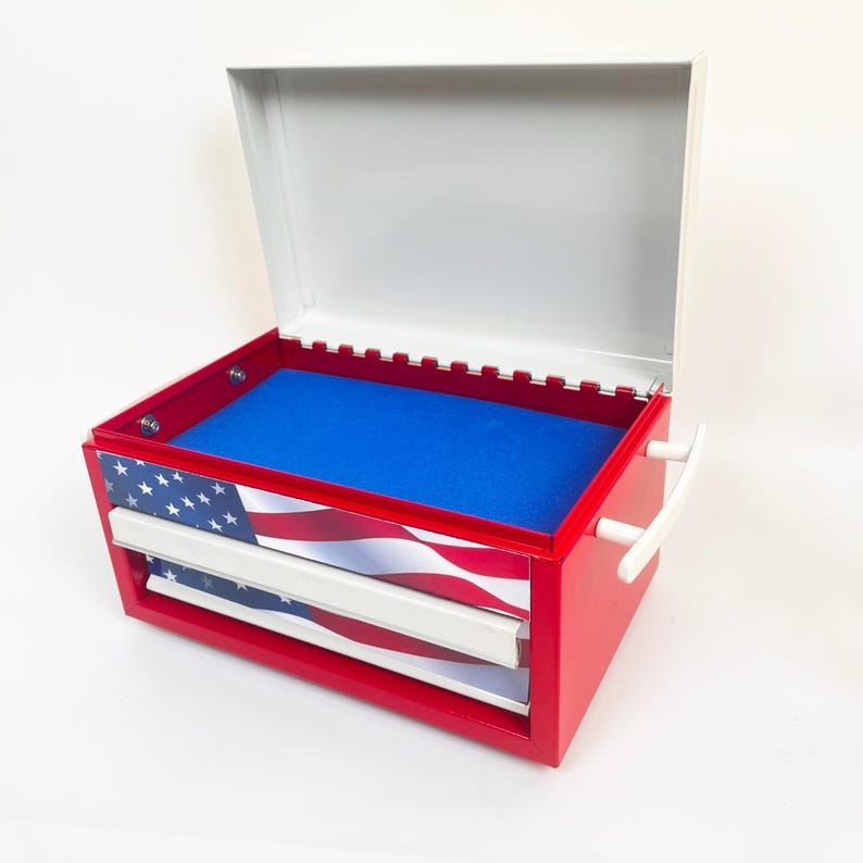 Two Color Mini Metal Patriotic US Flag Tool Box W Drawer and Handles ...