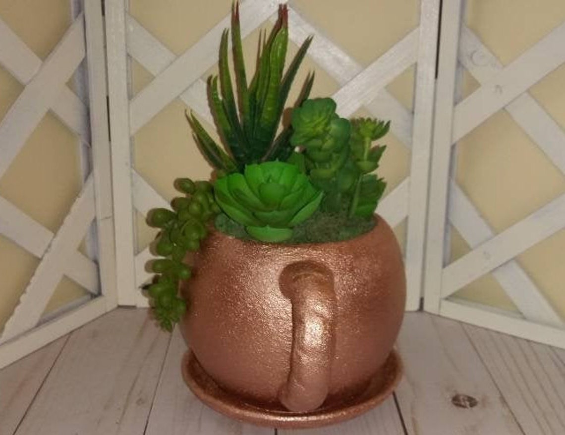 Rose Gold Teapot Vase With Faux Succulent Arrangement, Hand Painted ...