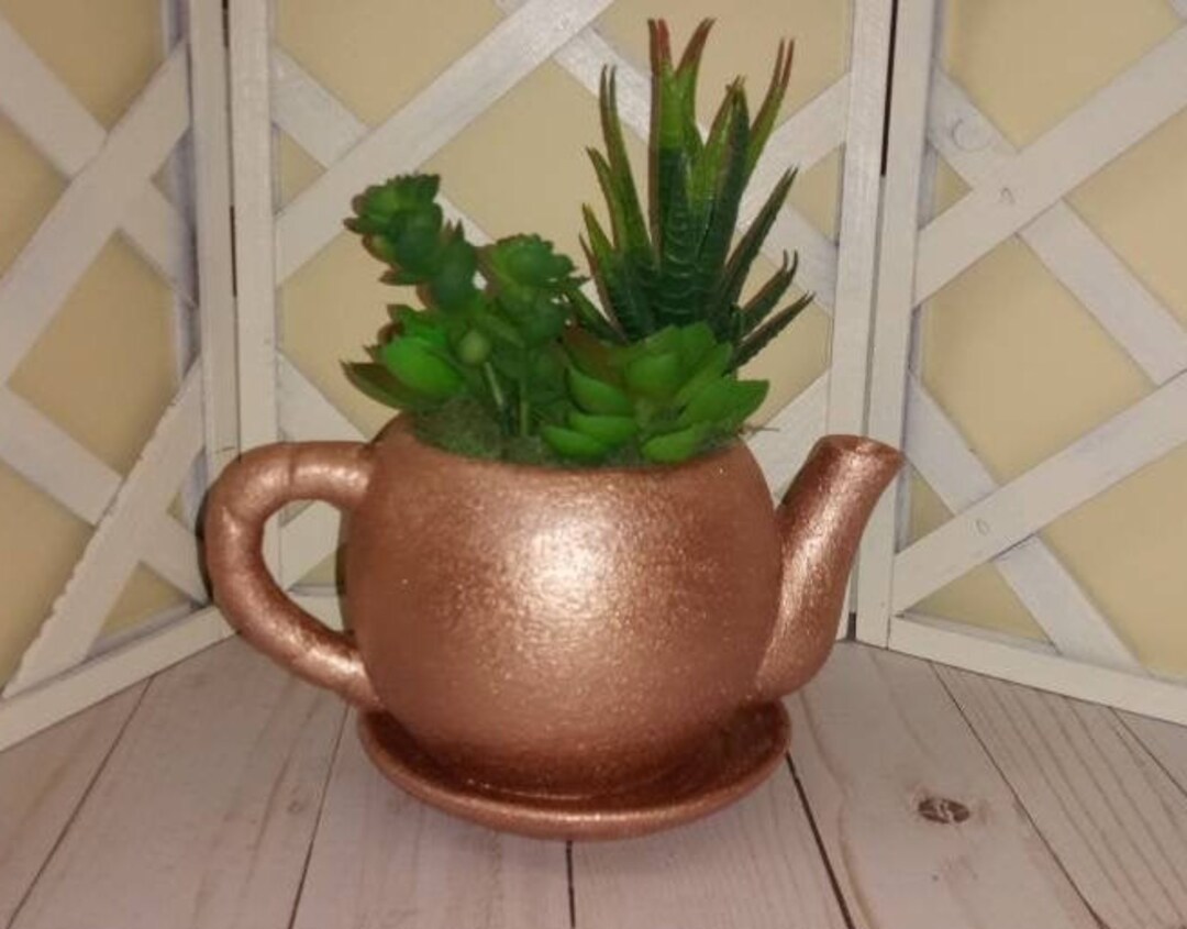 Rose Gold Teapot Vase With Faux Succulent Arrangement, Hand Painted ...