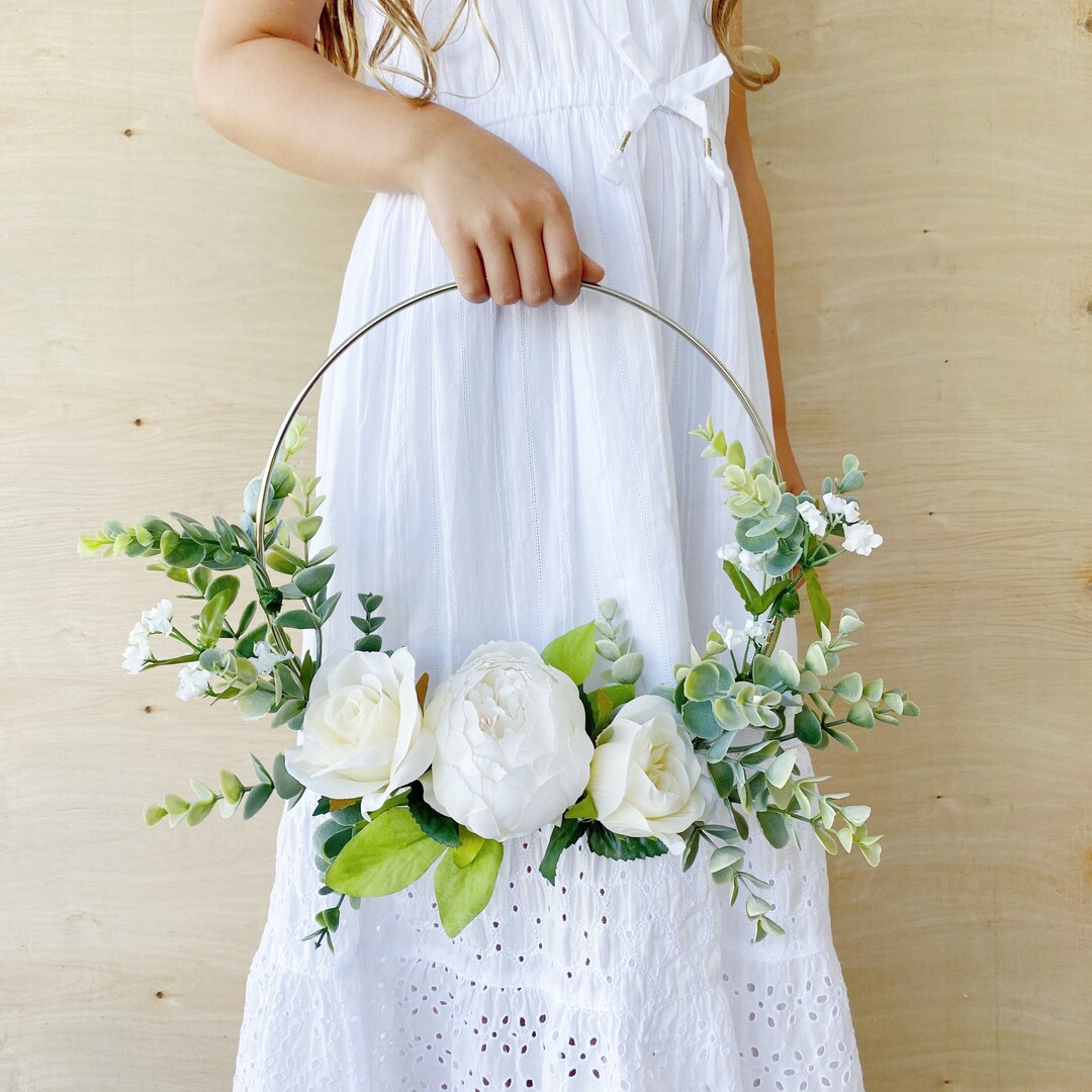 Bridesmaid Hoop Bouquet, Flower Girl Basket, Wreath Bouquet Ivory Peony ...