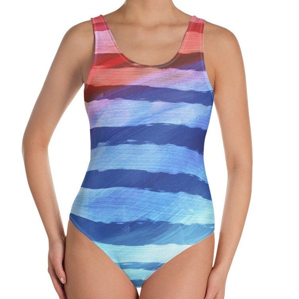 Red White Blue Striped One Piece Swimsuit Etsy
