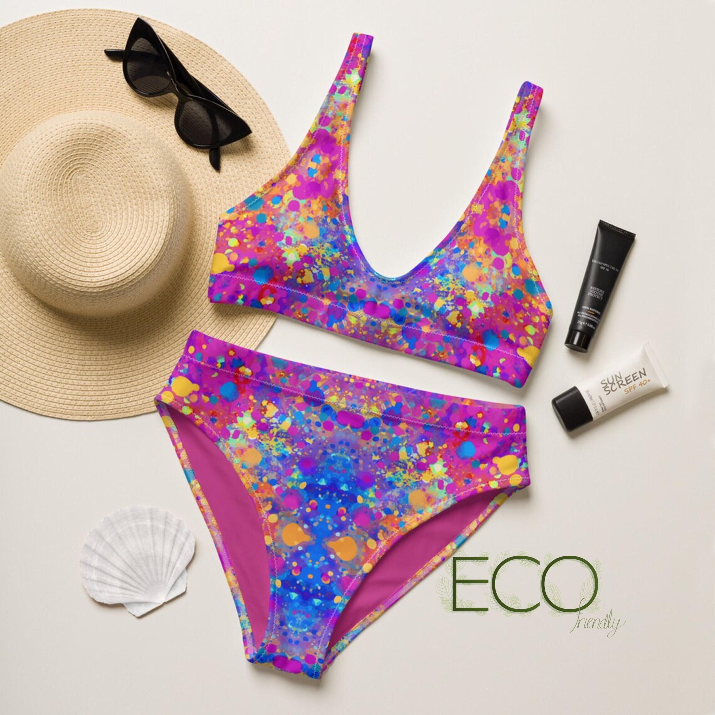 Neon Color Splatter Recycled High-waisted Bikini | Etsy