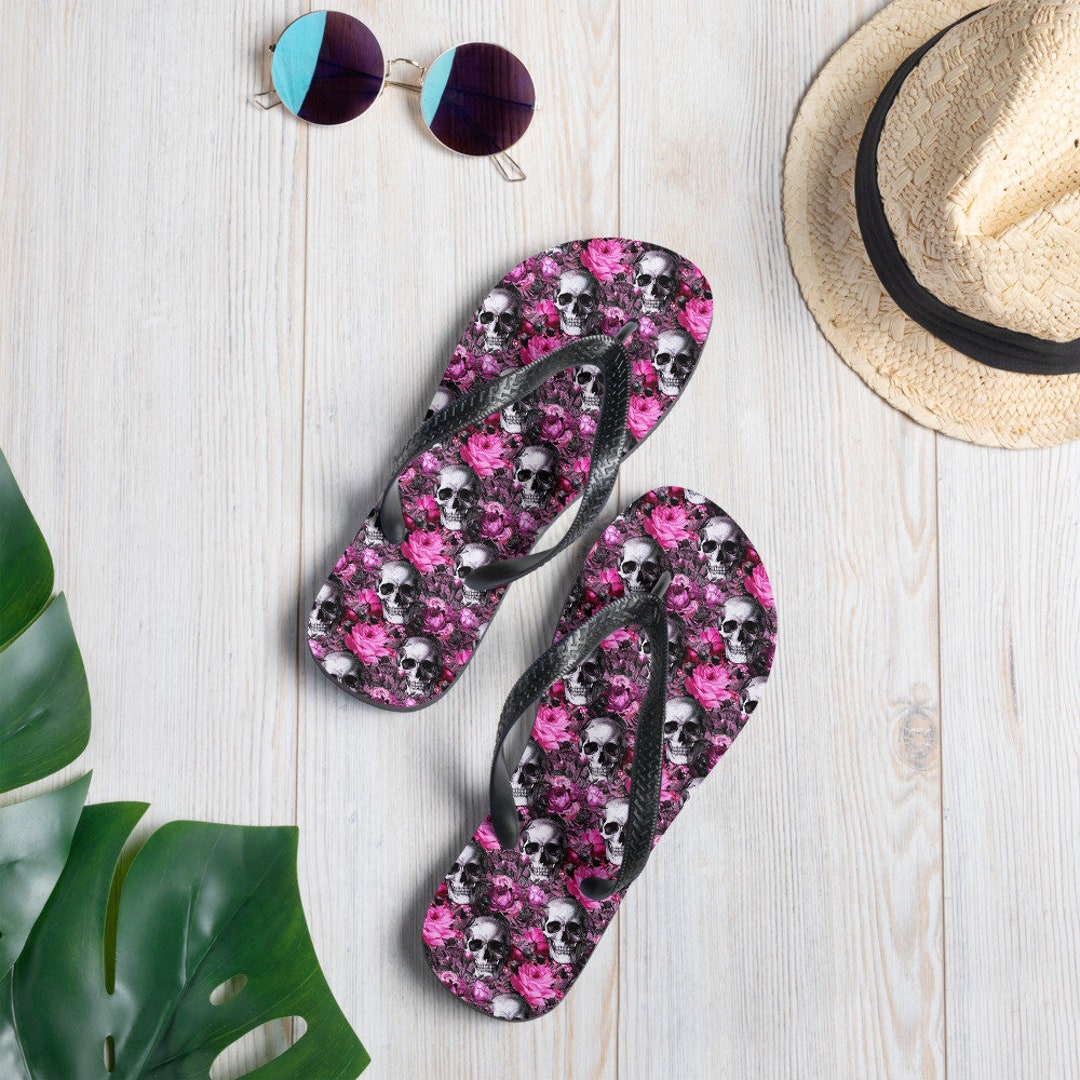Pretty Skulls Pink Flowers Gothic Flip-flops - Etsy