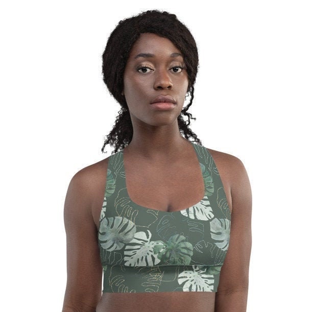 Green Tropical Leaf Longline sports bra | Etsy