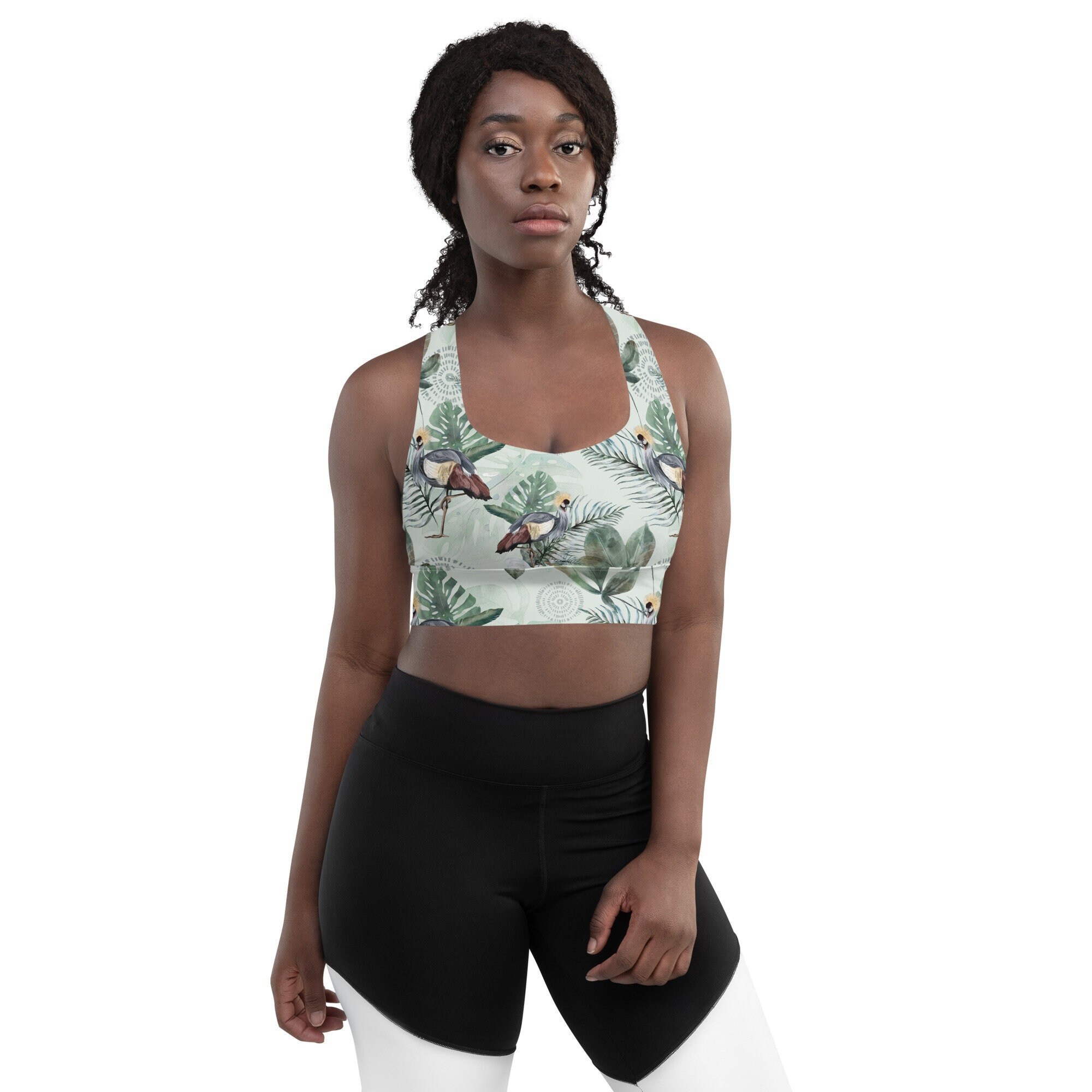 Grey Crowned Crane Tropical Leaf Longline Sports Bra | Etsy