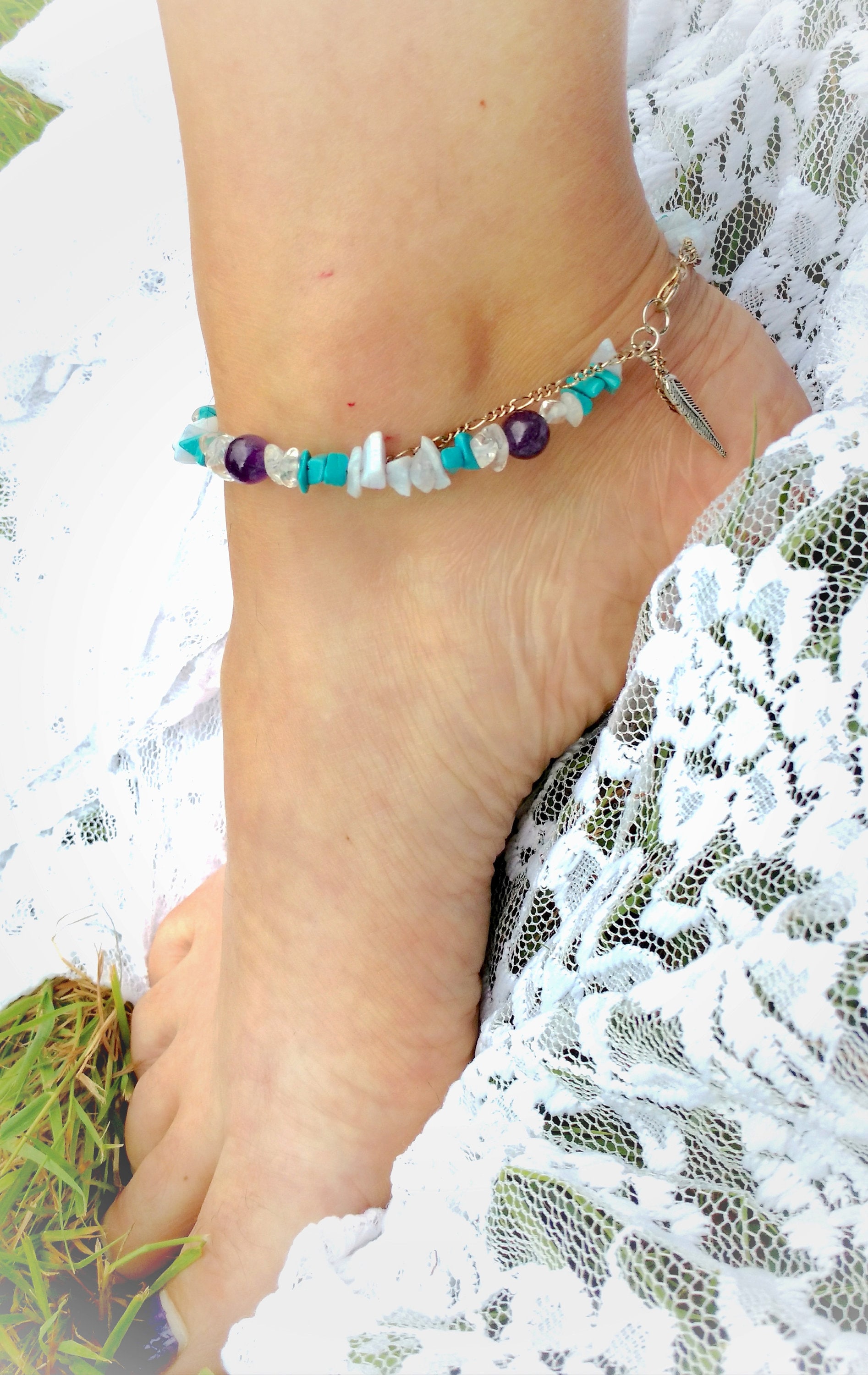 Calming gemstone anklet Amethyst Turquoise Blue Lace Agate relief ...