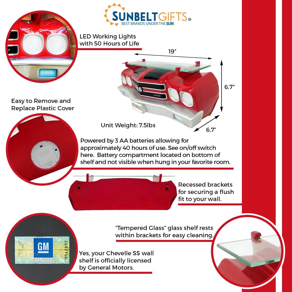1970 Chevy Chevelle SS Floating Wall Shelf, Red With Black Stripes, 19 ...