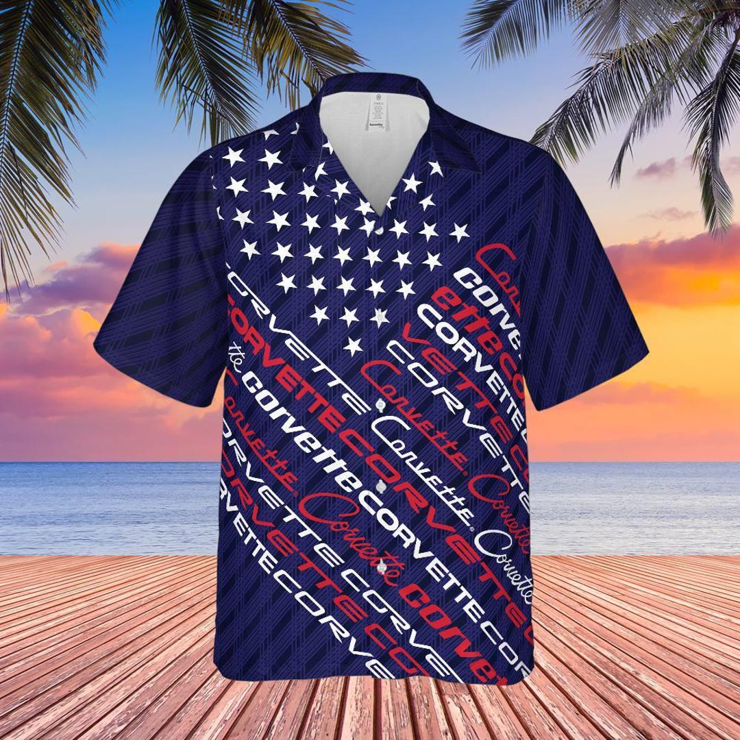 C1-C6 Chevrolet Corvette American Flag Hawaiian Shirt for Men, Navy ...