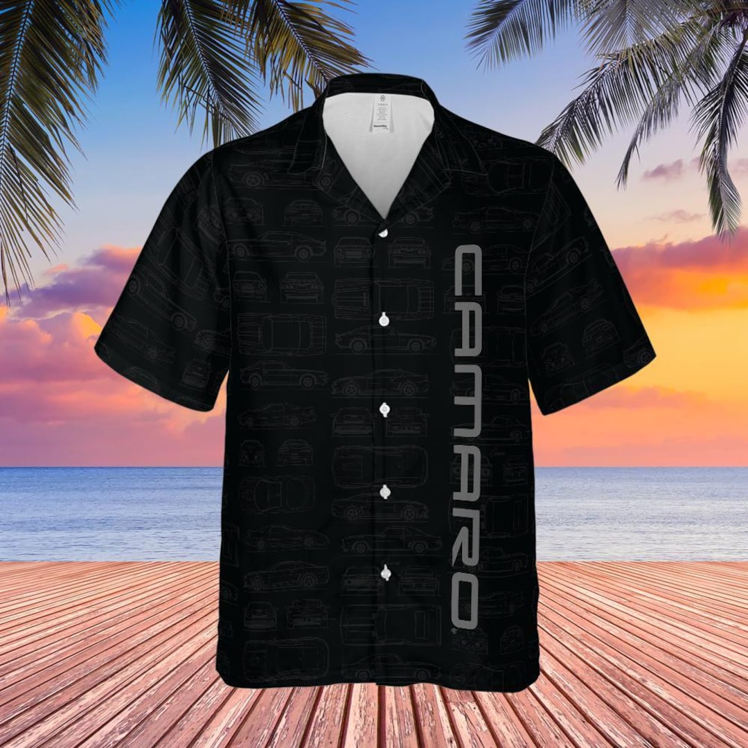 Chevy Camaro Men's Hawaiian Shirt, Blueprint Logo Pattern, Black Short ...