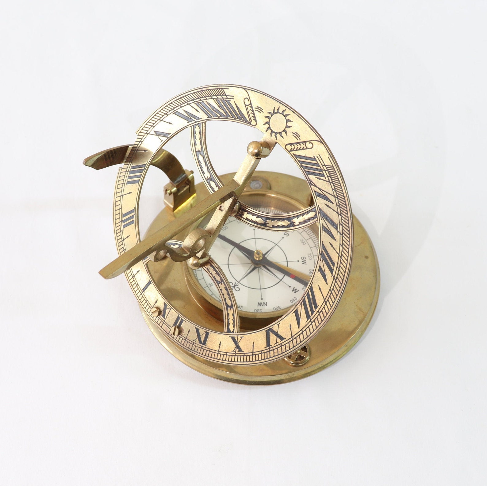Sundial Compass With Wooden Box, Brass Sundial, Nautical Sundial ...
