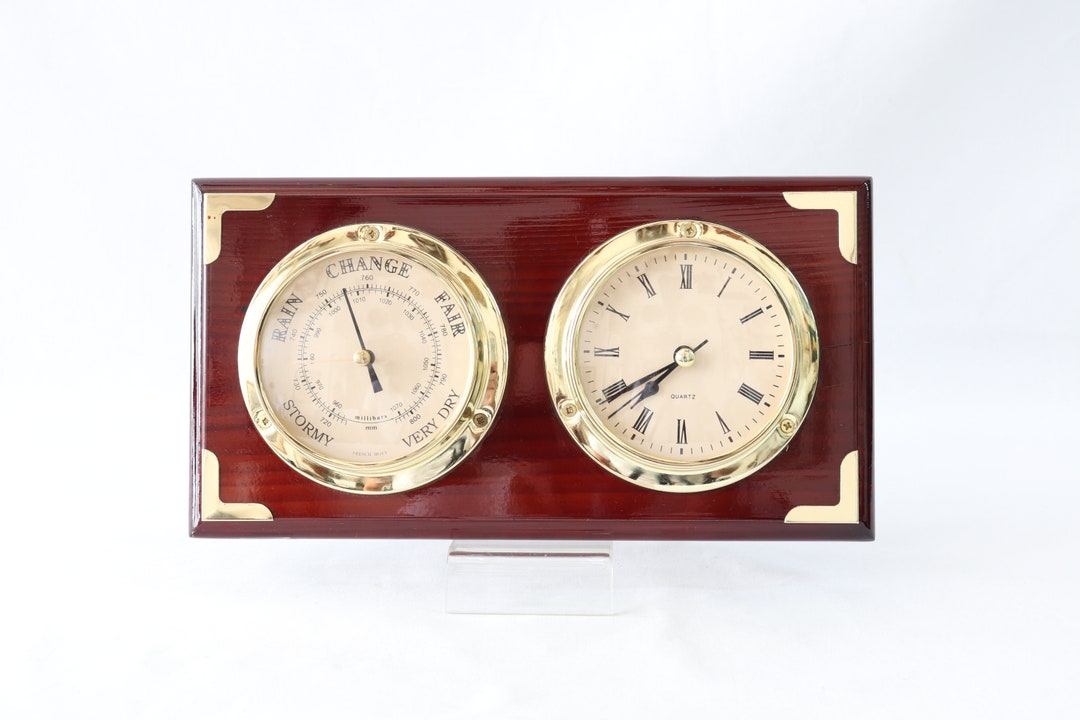 Vintage Barometer Clock, Vintage Wooden Wall Clock, Barometer Weather ...