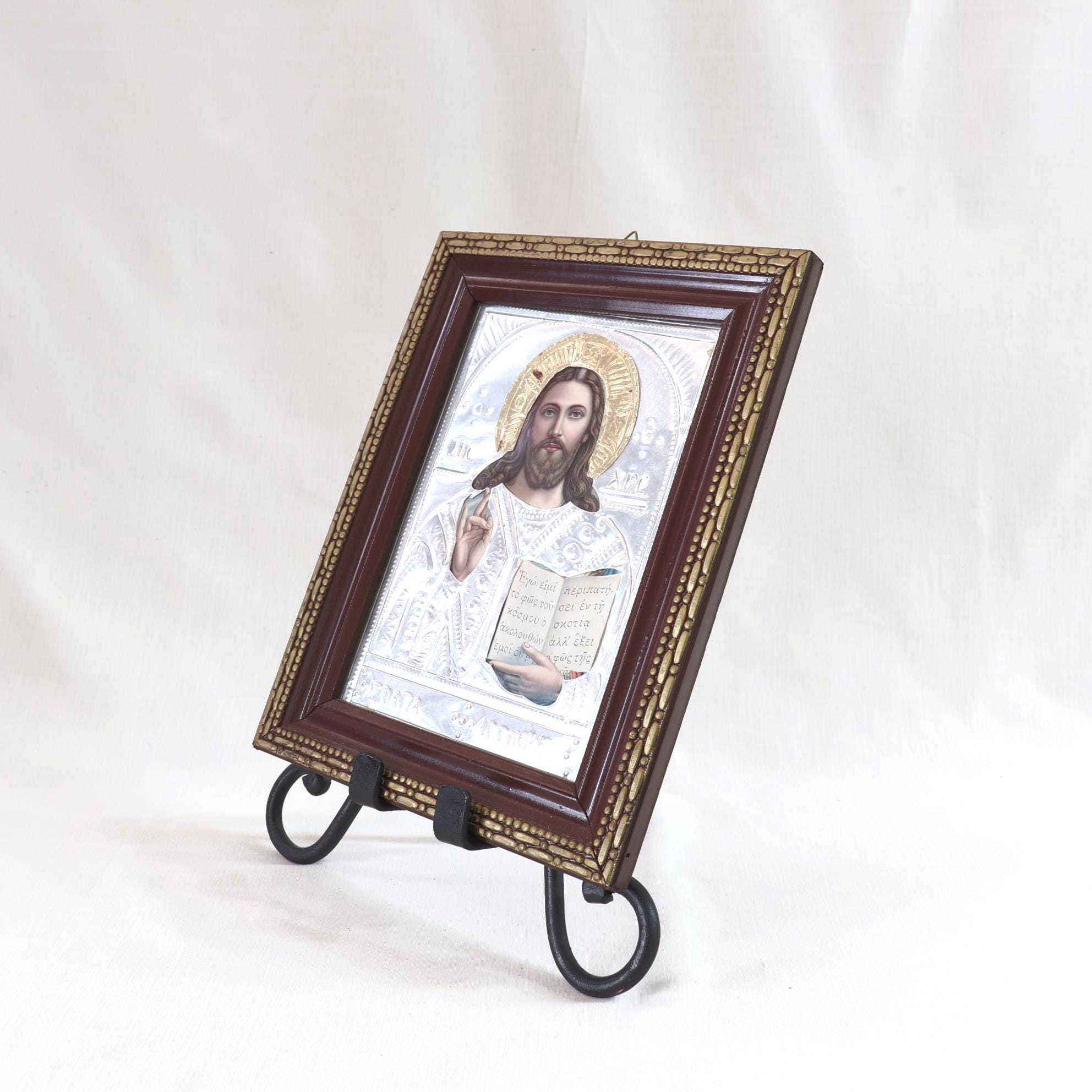 Jesus Christ Icon, Handmade Jesus Icon, Silver Jesus Icon, Wooden Frame ...