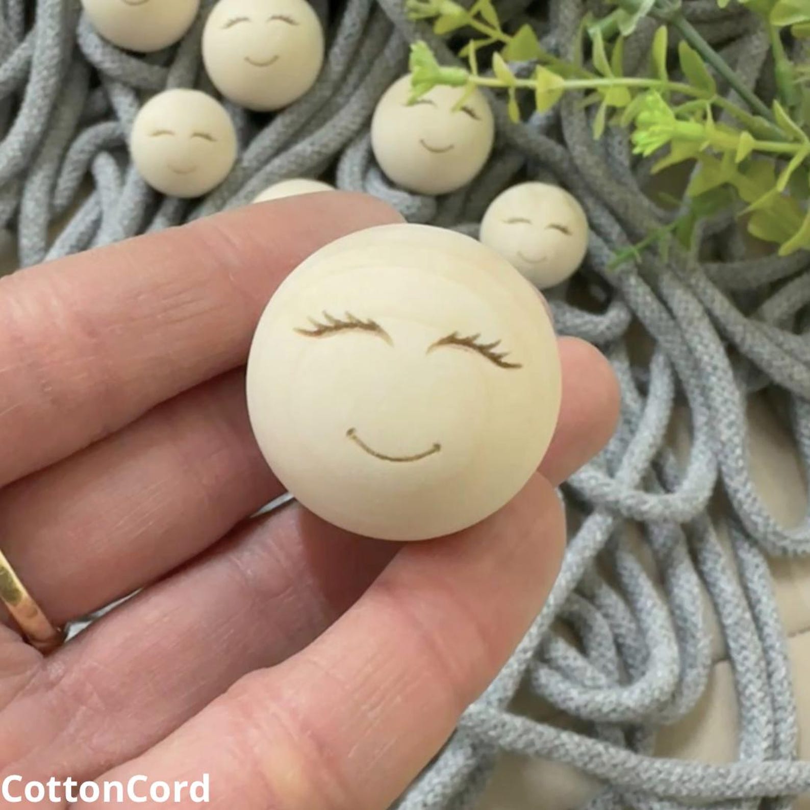 Set of 5 Beads, Smiley Heads for Angel, Dolls B4, Engraved Wooden Beads ...