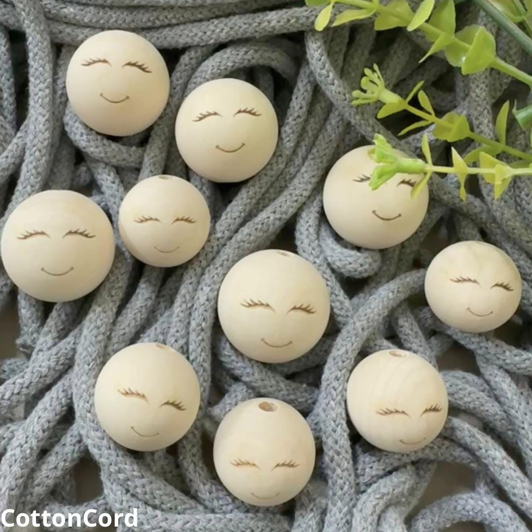 Set of 5 Beads, Smiley Heads for Angel, Dolls B4, Engraved Wooden Beads ...