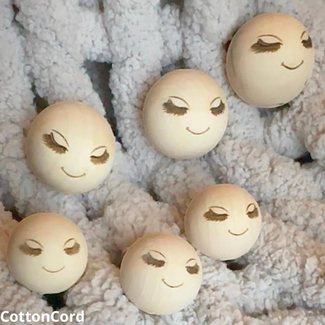 Set of 5 Beads, Smiley Heads for Angel, Dolls B9, Engraved Wooden Beads ...