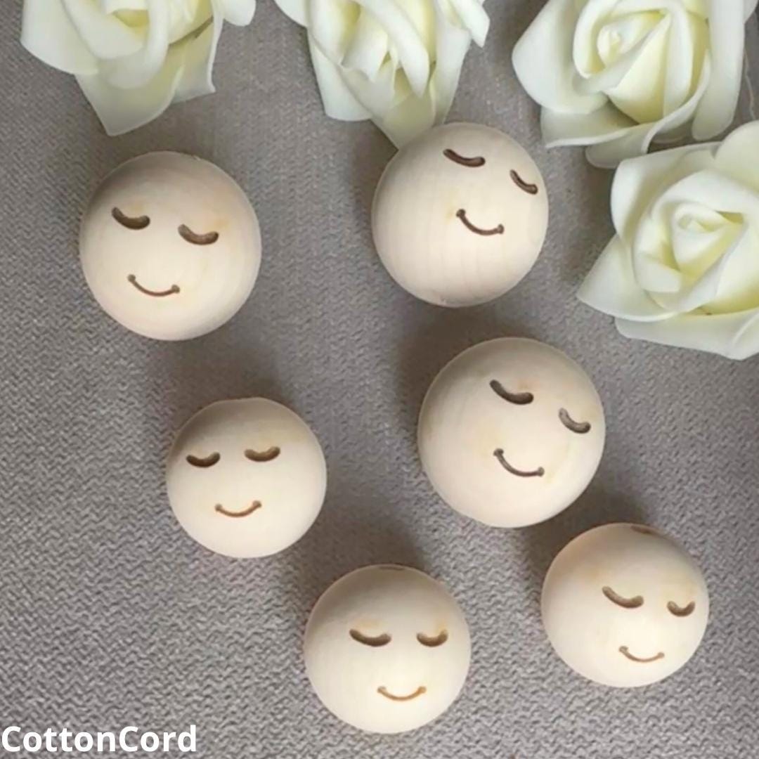 Set of 5 Beads, Smiley Heads for Angel, Dolls B6, Engraved Wooden Beads ...