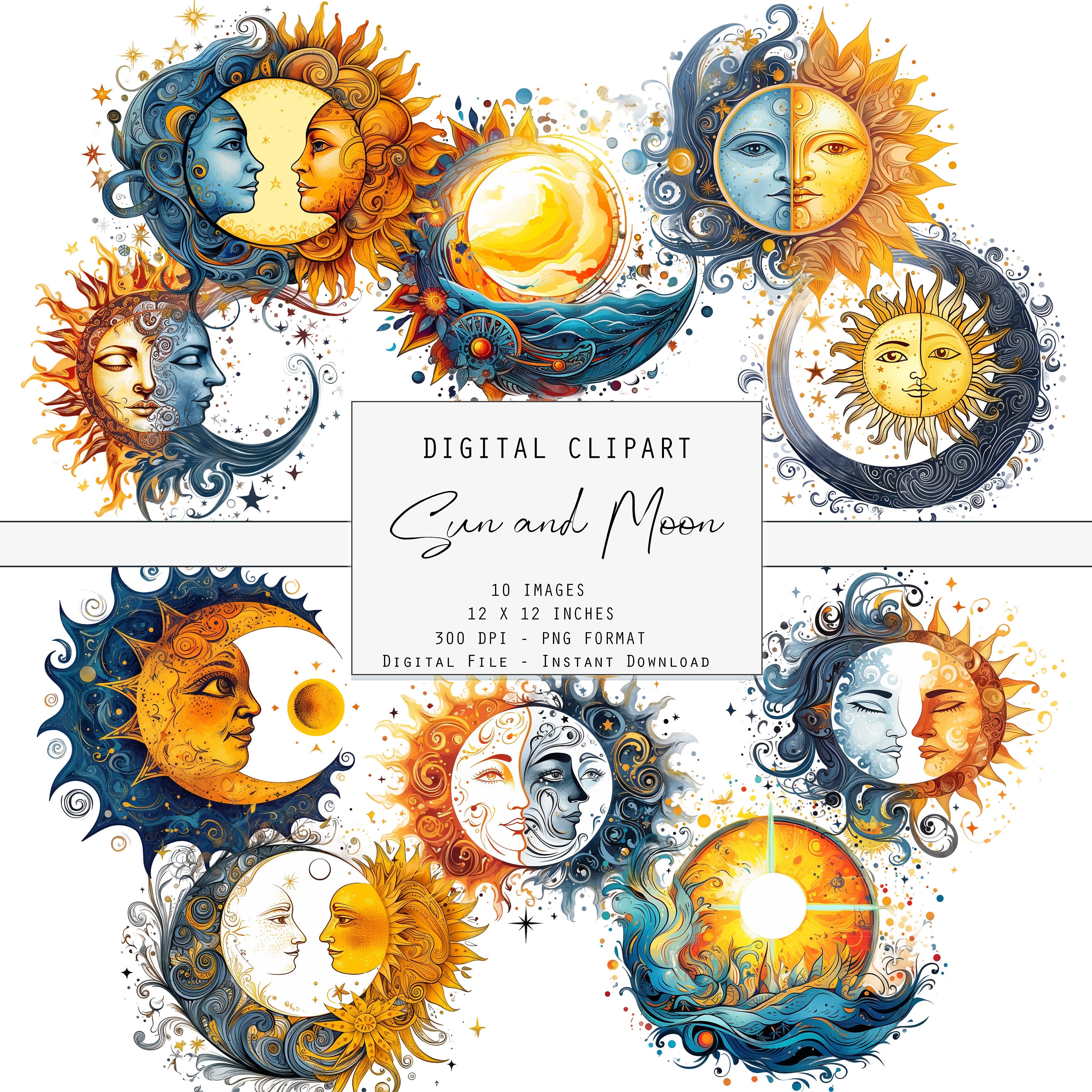 Celestial Moon Stars Clipart, Sun and Moon Twins, Magical, Cosmic ...