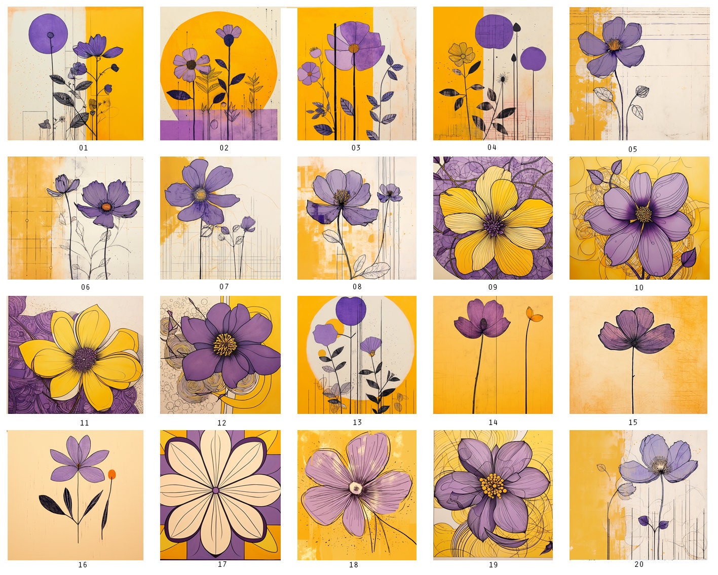 Digital Paper | Yellow and Purple Flowers | Abstract Prints ...