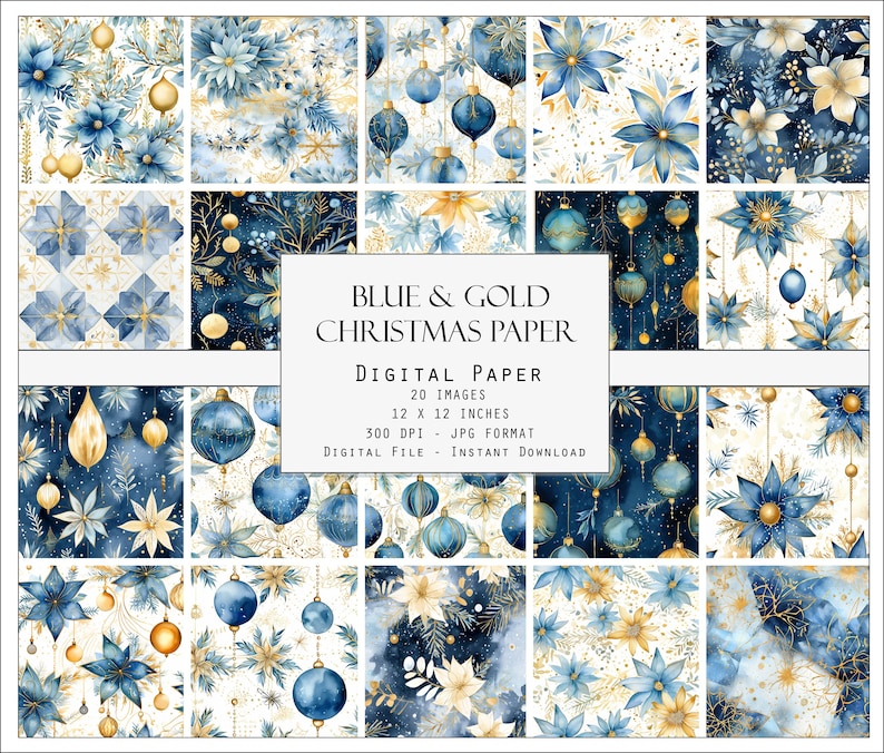 Digital Download Printable Christmas Paper / Blue and Gold / Christmas ...