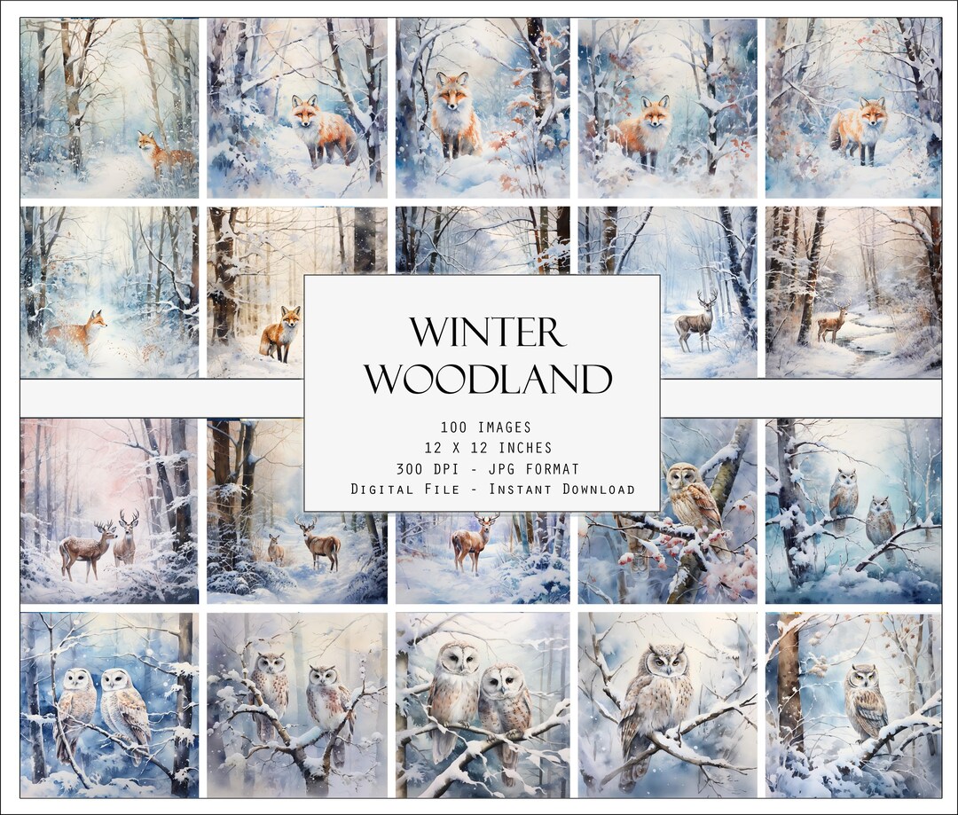 Digital Winter Woodland Watercolor Paper, Fox, Deer, Bear, Wolves ...