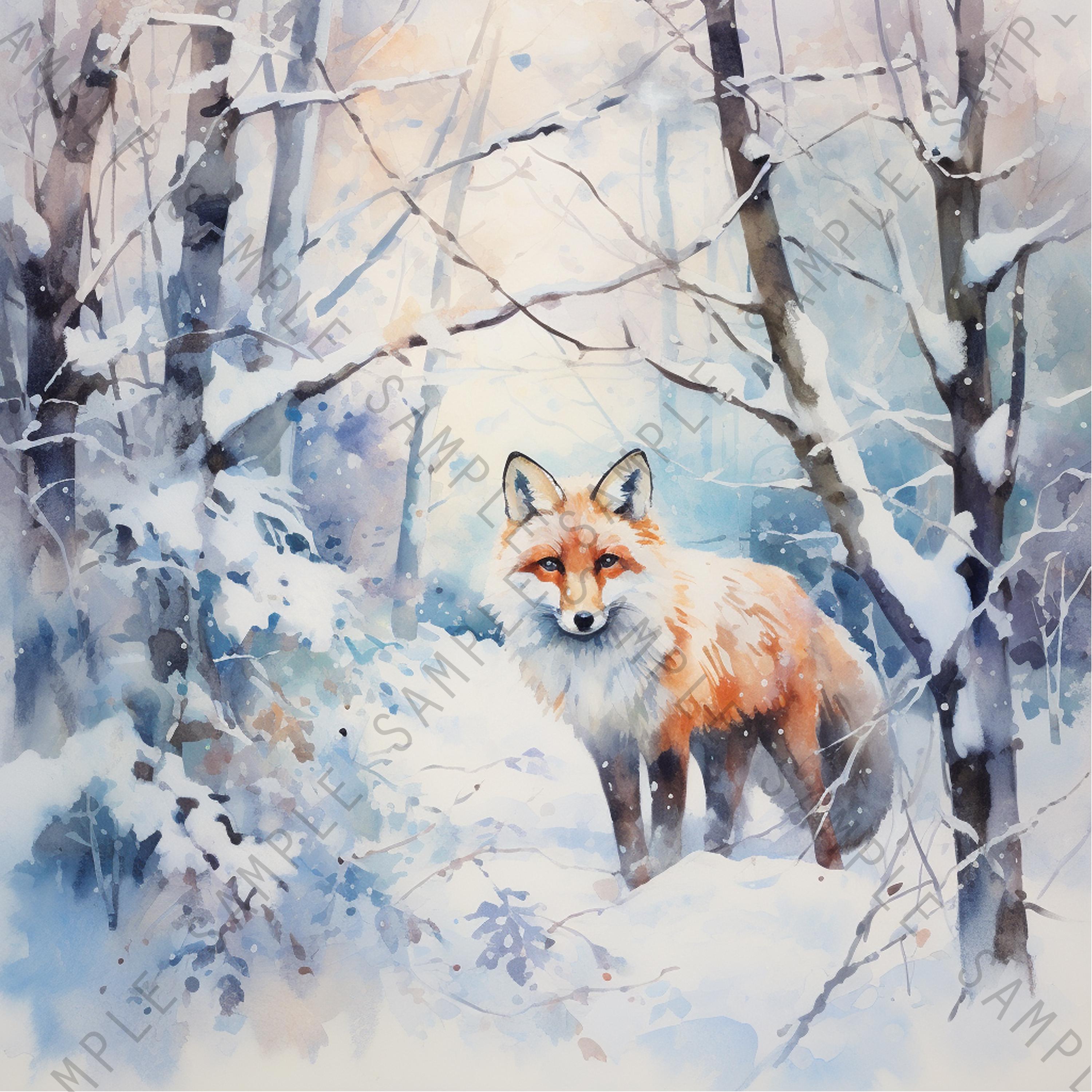 Digital Winter Woodland Watercolor Paper, Fox, Deer, Bear, Wolves ...